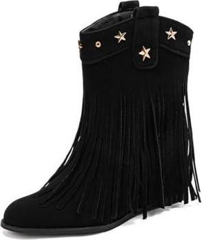 Generic Bottes De Cheville Bohème Franges Femme Décor Clous Étoiles Simili Daim Stylées Casual Quotidiennes Festivals,Noir,43 EU