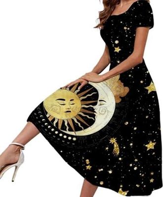 Ocean Plus Femme Robe Longue Imprimée à Manches Courtes avec Col Montant Court et Jupe évasée Imprimée (XXL, Soleil Lune)