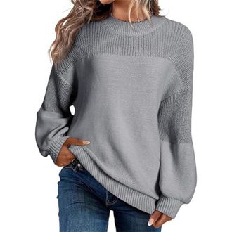 Generic Pull d&eacute;contract&eacute; &agrave; manches longues et col rond en tricot uni pour femme, pull d&eacute;contract&eacute; &agrave; manches longues et col rond, mignon, gris, XXL
