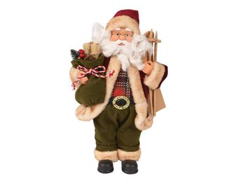 Kaemingk Weihnachtsmann Figur 30cm mit Geschenk und Ski Weihnachtsmann-Anzug Puppe - Rot - Gr&uuml;n