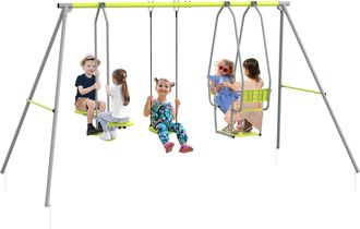 OUTSUNNY 3 in 1 Kinderschaukel Kletterger&uuml;st, mit 2 gegen&uuml;berliegenden Schaukeln und 1 Schaukelsitz, Gartenschaukel, Metallgestell, max. Belastung 225 kg, Spie