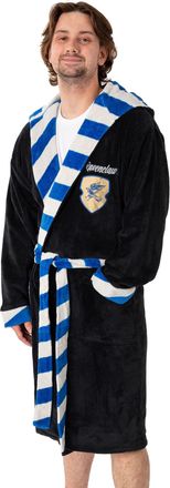 Harry Potter Ravenclaw Unisex-Bademantel mit Kapuze in Schwarz und Blau | Kuscheliges Fleece-Material zum Faulenzen und Baden | Lang&auml;rmliges Retro-Streifendesign M