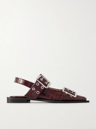 Ganni Ballerines &Agrave; Brides Arri&egrave;re Effet Croco Feminine Buckle - Bordeaux