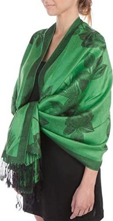 Sakkas FUPashRose06AG Ch&acirc;le/Echarpe/Etole L&eacute;ger Deux couleurs Rose Floral Design Contours Pashmina - Kelly Vert/Noir