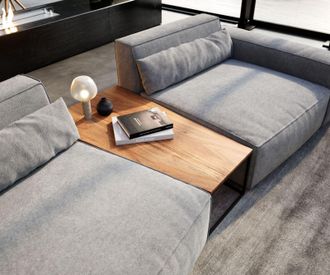 DELIFE Beistelltisch Tatius 120x40/70 Akazie Natur Gestell schwarz passend zu Sirpio Trapeztisch, Beistelltische