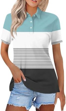 Generic Polo à Manches Courtes pour Femme - Élégant - Rayé - T-Shirt de Golf - Col en V - Haut Doux et Confortable - pour Femme - avec Boutons, Vert, XXL