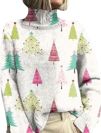 Generic Pull décontracté pour femme - Cadeau pour femme - Pull dhiver décontracté à col haut - Manches longues - Pull ample imprimé, blanc, XXL