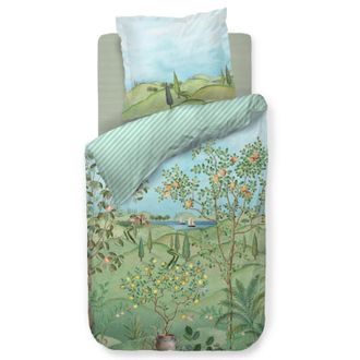 Pip Studio Bettw&auml;sche La Campagna Gr&uuml;n Perkal Landschaft Natur B&auml;ume See Boote Streifen Wendeoptik, Gr&ouml;&szlig;e:200 cm x 200 cm