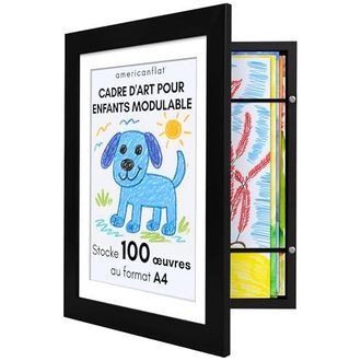 Americanflat Cadre Dessin Enfant &agrave; Changer A4 Noir avec Passe-Partout et 25,5 x 32 cm sans Passe-Partout - Cadres avec Ouverture Frontale Pouvant Contenir 100 Pi&egrave;c