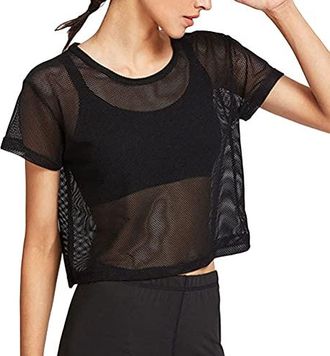 ORANDESIGNE Top Dentelle Sexy Transparent Haut T-Shirt Femme en Résille Perspectif Manches Longues Crop Top Mesh Col Rond Chemise Slim Fit Babydolls Soirée G Noir