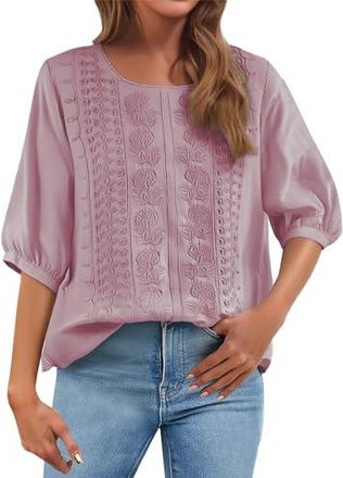 Generic Chemisier en lin pour femme - Manches 3/4 - Chemisier folklorique - Col rond - Avec boutonni&egrave;re - &Eacute;l&eacute;gant et ample - Broderie - Motif floral - Couleur