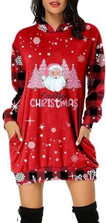 Generic Robe de No&euml;l amusante pour femme - Pull de No&euml;l pour femme - Pull &agrave; capuche - Motif P&egrave;re No&euml;l - Manches longues - Avec poches - Robe de No&euml;l dhiver, r