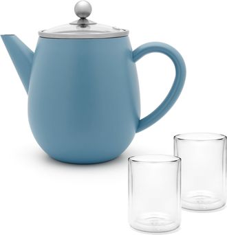 Bredemeijer Teekanne 1.1 Liter blau - doppelwandige Edelstahlkanne Set mit Glasdeckel & 2 isolierende Teegläser je 290 ml