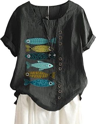 ORANDESIGNE Blouse en Lin Femme Manches Courte T-Shirts Hauts Vrac Lin Chic Grand Taille Retro Mode Tops Col Rond Blouses Chemisiers Casual Shirts Vintage Chemise