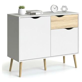 Dmora Buffet avec deux portes et un tiroir, blanc et ch&ecirc;ne, Mesures 98 x 81 x 39 cm