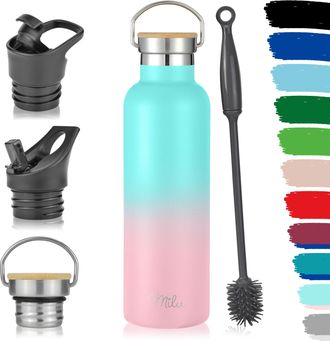 Milu Edelstahl Trinkflasche 500ml, 750ml, 1L (+3 Deckel) - Thermosflasche mit Strohhalm, Isolierte Wasserflasche, Auslaufsichere Isolierflasche doppelwandi
