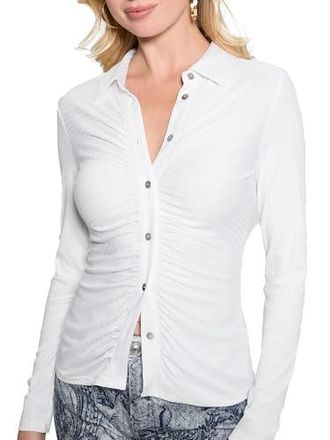 Guess Guess Haut c&ocirc;tel&eacute; &eacute;cologique &agrave; Manches Longues en Jade boutonn&eacute; sur Le Devant pour Femme, Blanc Pur, Taille L