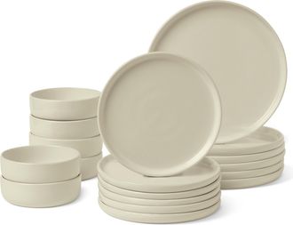 Amazon Basics Glasiertes Steingutgeschirr, 18-Teiliges Set, 6 Komplette Gedecke, Sp&uuml;lmaschinenfest, Elfenbeinfarben