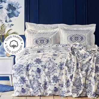 Karaca Home Amar Blue Bettbezug-Set f&uuml;r Doppelbetten aus 100% Baumwolle, Bettbezug 200 cm x 220 cm, Kissenbezug 50 cm x 70 cm, Blatt 240 cm x 260 cm, Oberbett f&uuml;r