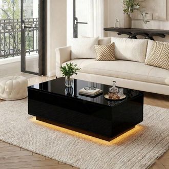 Generic Hochwertiger Couchtisch mit Hebeplatte (95x48x40 cm) - Höhenverstellbarer Lift-Top-Tisch in Weiß mit 2 Schubladen & LED-Beleuchtung - (Black)