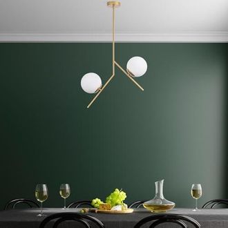 Opviq Elegant Gold Chandelier, Metal Body, 74 cm Height, 15 cm Glass Cap, Non-Adjustable, 2 x E27 Max 40W, Perfect for Modern Living Spaces, IP20 Rated