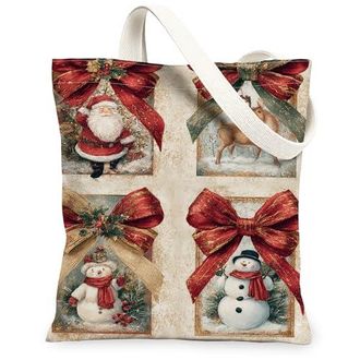 Generic Sacs fourre-tout en toile vintage de No&euml;l, motif P&egrave;re No&euml;l festif et bonhomme de neige, sacs d&eacute;picerie r&eacute;utilisables, l&eacute;gers et lavables &agrave; l&eacute;paule, Ro