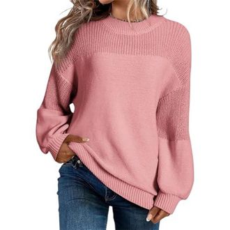 Generic Pull d&eacute;contract&eacute; &agrave; manches longues et col rond en tricot uni pour femme, pull d&eacute;contract&eacute; &agrave; manches longues et col rond, mignon, rose, XXL