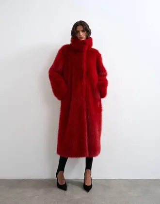 Topshop Oversize-faux-fur-Longline-Mantel in Rot