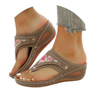 Generic Pantoufles orthop&eacute;diques compens&eacute;es pour femme 2026 &agrave; plateforme en cuir &agrave; fleurs - Sandales d&eacute;t&eacute; habill&eacute;es pour femme - Soutien de la vo&ucirc;te plantaire