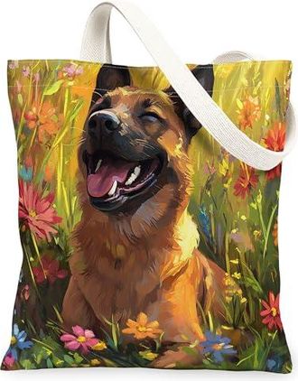 Generic Sac fourre-tout en toile motif chien malinois belge printanier 33 x 38,1 cm, fleurs color&eacute;es, sac d&eacute;picerie r&eacute;utilisable pour femme, peinture danimaux