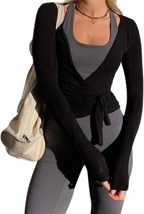 ORANDESIGNE Damen Tanztops Y2K Ballett Wrap Top Pilates Langarm Kurzarm Tiefer V-Ausschnitt Slim Fit Yoga Oberteil Wickelshirt A Schwarz XS
