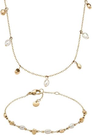 Skagen Damen Agnethe Perle Goldfarbener Edelstahl Halskette und Armband, Set