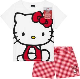 Hello Kitty Pyjama Femme 2 Pièces Ensemble Pyjama Femme Été Vêtement de Nuitt Doux et Respirant Cadeau Femme et Ado (L, Blanc/Rose)