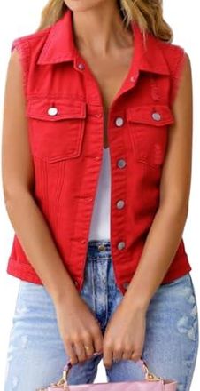 Minetom Veste En Jeans Pour Femme Sans Manches Court Manteaux Gilet En Jean Avec Poches Cardigan En Denim Hip Hop Streetwear A3 Rouge XXL