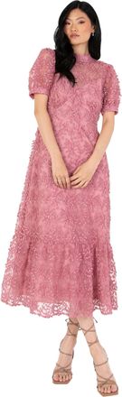 Maya Damen Womens Embroidered Dress for Ladies Sequin Embellished Midaxi Floral High Neck Wedding Guest Ball Evening Cocktail Kleid, Pink, 32