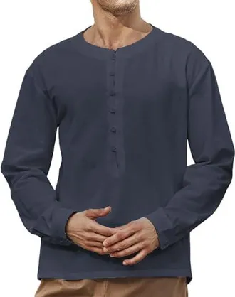 Generic Chemises pour homme à manches longues en coton chanvre - T-shirts Henley à manches longues légers avec boutons de boutonnage, chemises à manches longu