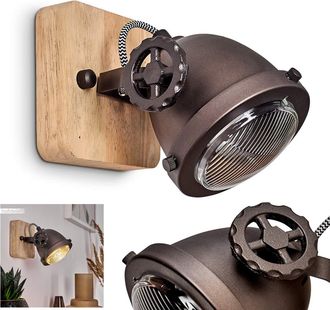 HOFSTEIN Wandleuchte Herford, verstellbare Wandlampe aus Metall/Holz/Glas in Schwarz-Braun/Natur, 1-flammig, 1 x GU10 Fassung, Wandspot im Retro/Vintage Design