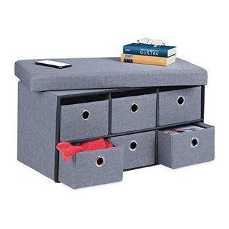 Relaxdays Banquette de Rangement 6 tiroirs, Assise Confortable, Banc Pliable, H x L x P : 39 x 76 x 38 cm, Gris