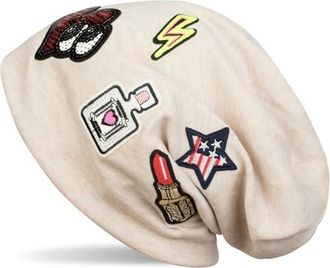 styleBREAKER Bonnet Beanie avec pi&egrave;ces Cousues, Rouge &agrave; l&egrave;vres, &eacute;toile USA, &eacute;clair, coeur en Paillettes, Beanie Mou, Unisexe 04024101, Couleur:Beige chin&eacute;