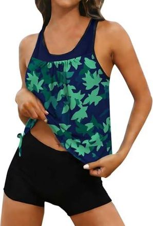 Generic Maillot de bain tankini deux pi&egrave;ces pour femme avec short boyleg - Contr&ocirc;le du ventre - Taille haute - D&eacute;bardeur de bain vintage &agrave; imprim&eacute; floral - Po