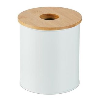 Relaxdays Poubelle de Salle de Bain, 2 litres, Couvercle en Bambou avec Trou, Ronde, pour la Coiffeuse, Blanche