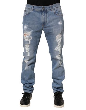 Dolce & Gabbana Mens Blue Tattered Slim Fit Cotton Denim Jeans Elastane Clothing