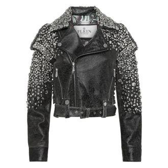 Philipp Plein Femme, Vestes, Noir, Taille: 38 FR Leather Cropped Biker Jacket LS Strass