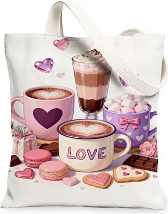 Generic Sacs fourre-tout en toile mignons, motifs coeurs et bonbons, r&eacute;utilisables, l&eacute;gers et lavables pour la Saint Valentin, blanc, 13x15 Inch