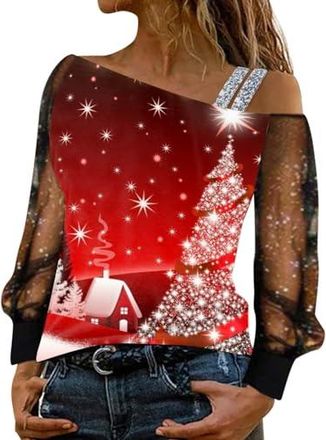 Generic Chemisier Noel Femme Chic Sexy Brillantes Paillettes Haut &Eacute;paules D&eacute;nud&eacute;es Imprim&eacute; Noel T-Shirt Femme Chic Et &eacute;l&eacute;gant Pull &Eacute;l&eacute;gant Blouse Loose Mode M