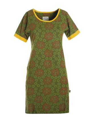 vishes Alternative Bekleidung - Kurzarm Damen Hippie T-Shirt Kleid Blumen Tunika Jerseykleid Baumwolle Olive 48-50