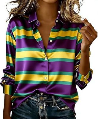 Generic Chemisiers en satin pour femme - Mardi Gras - Manches longues - Hauts surdimensionn&eacute;s &eacute;l&eacute;gants boutonn&eacute;s - Pour f&ecirc;te, travail, quotidien, carnaval, gr