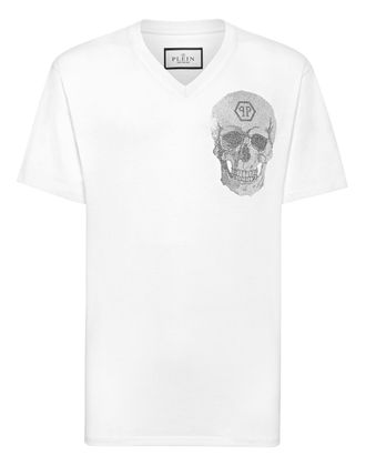 Philipp Plein V Neck Heavy Cotton T-Shirt Crystal Skull