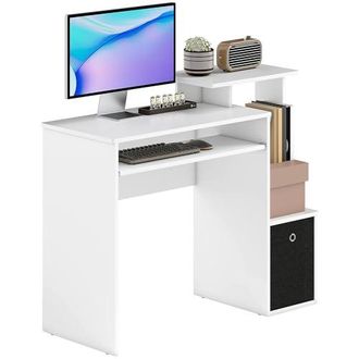 HOMCOM Bureau Informatique multimédia étagères Tablette Clavier Panier Noir Panneaux Particules Blanc, 100x40x86.6cm