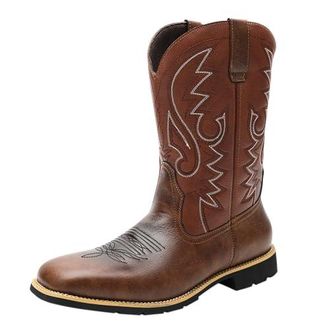Generic Bottines De Cowboy &Agrave; Bout Carr&eacute; Pour Homme Bottes En Cuir R&eacute;tro Brod&eacute;es Plates Antid&eacute;rapant Confortable L&eacute;g&egrave;res Boots Chaussures Tendance Automne et H
